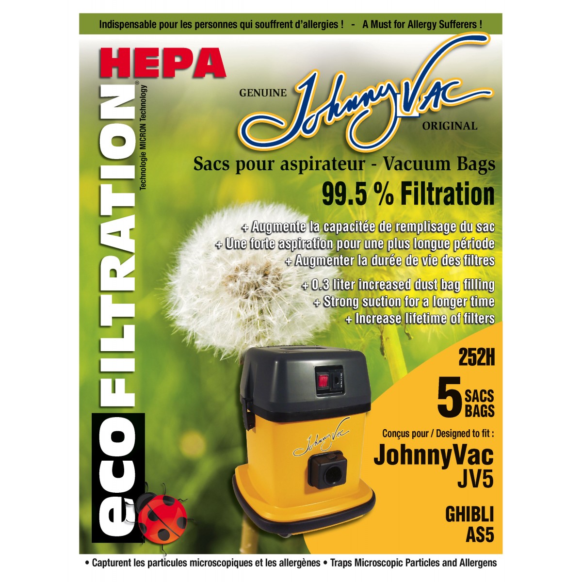 Johnny Vac Ghibli AS5 (JV5) HEPA Microfilter Bag (5 bags)